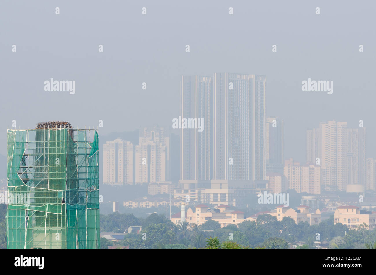 Low visibility city view with dangerous haze and fog in Kuala Lumpur ...