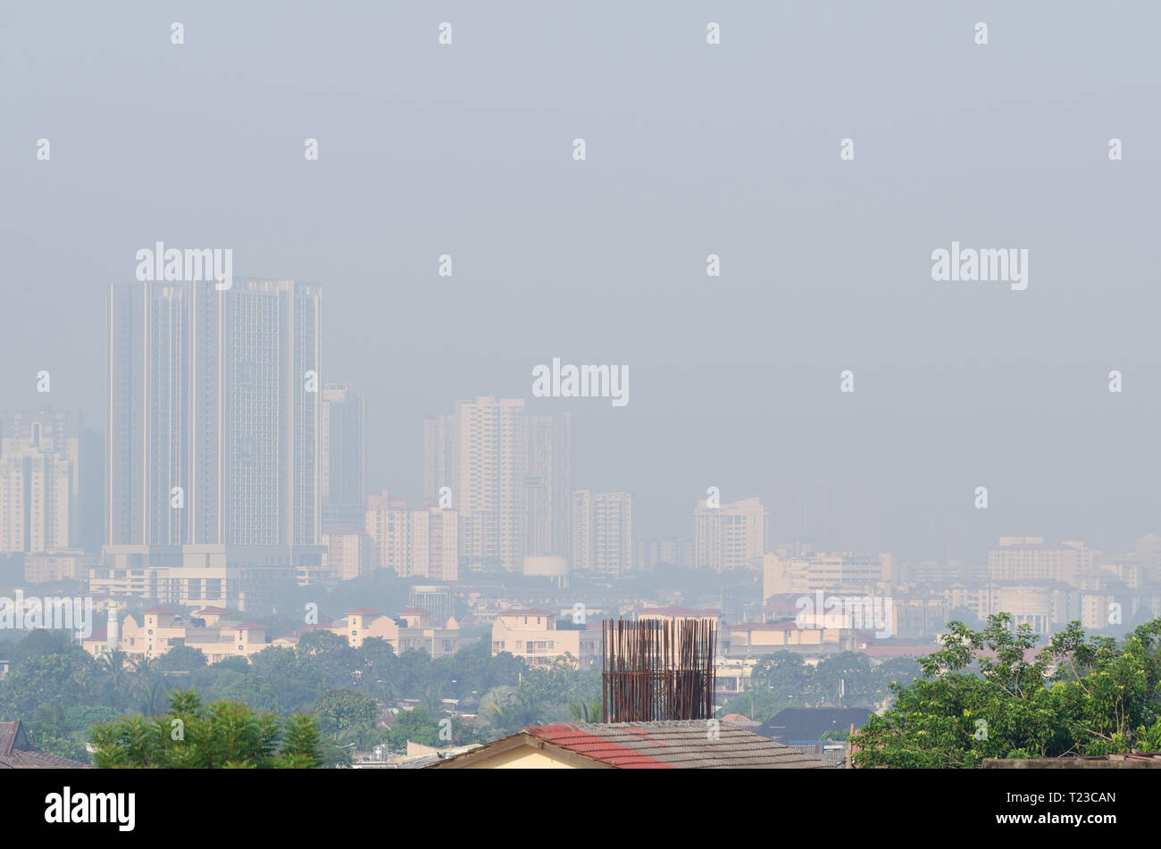Low visibility city view with dangerous haze and fog in Kuala Lumpur ...