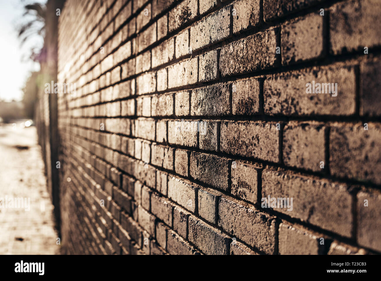 Brick wall background at sunset with sun rays, stone texture Stock ...