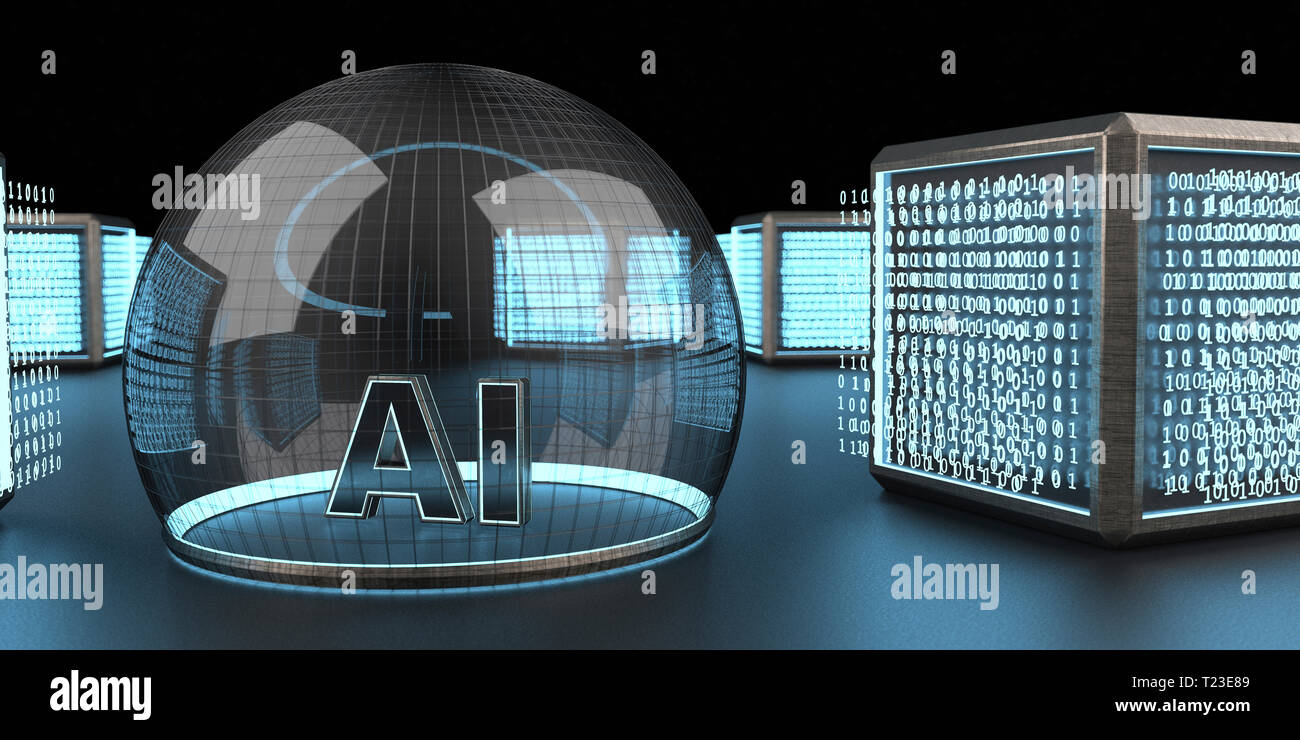 3D rendering, Digital cubic units feeding bubble of AI, artificial ...