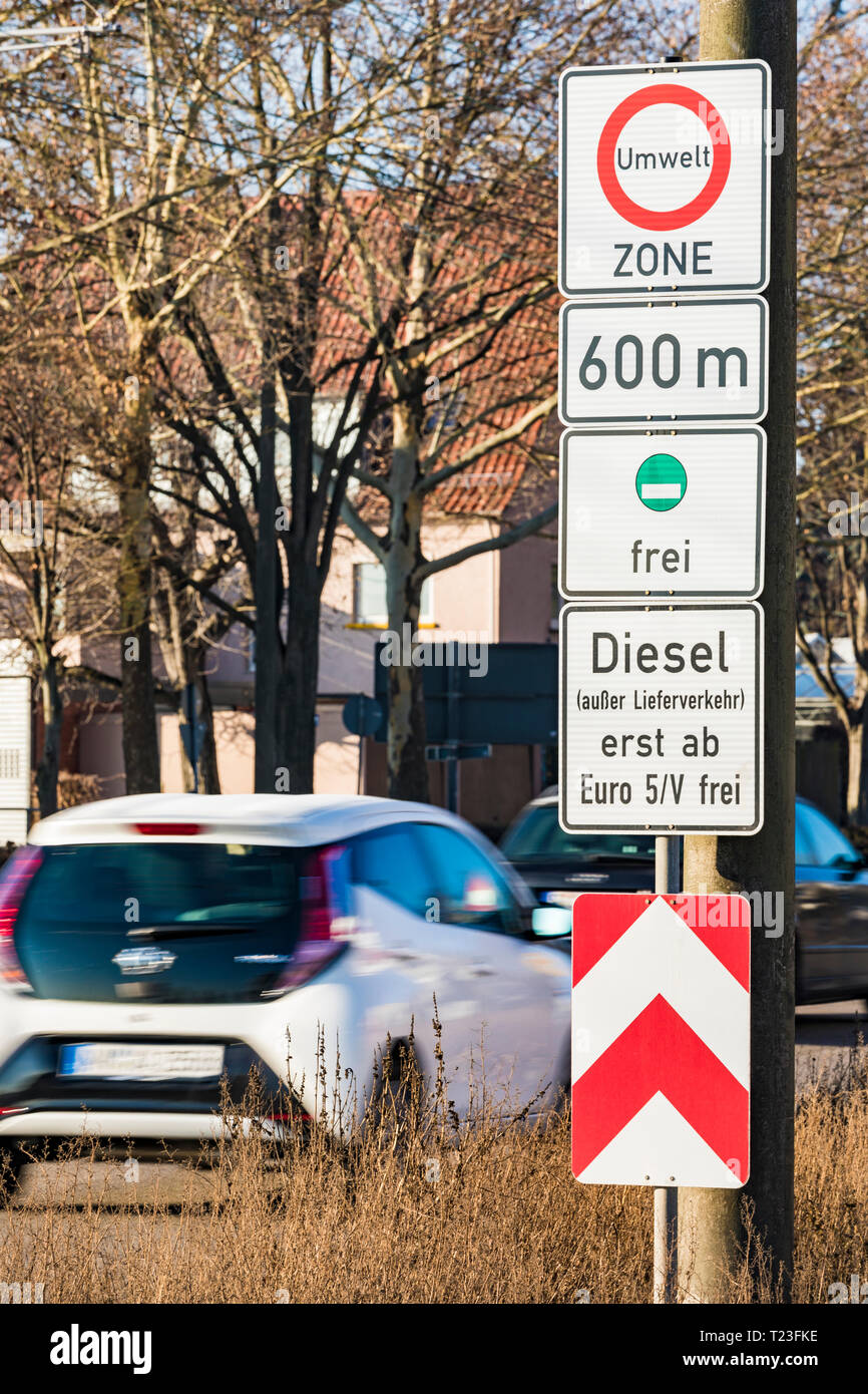 Germany, Fellbach, low-emission zone sign for Stuttgart, driving ban ...