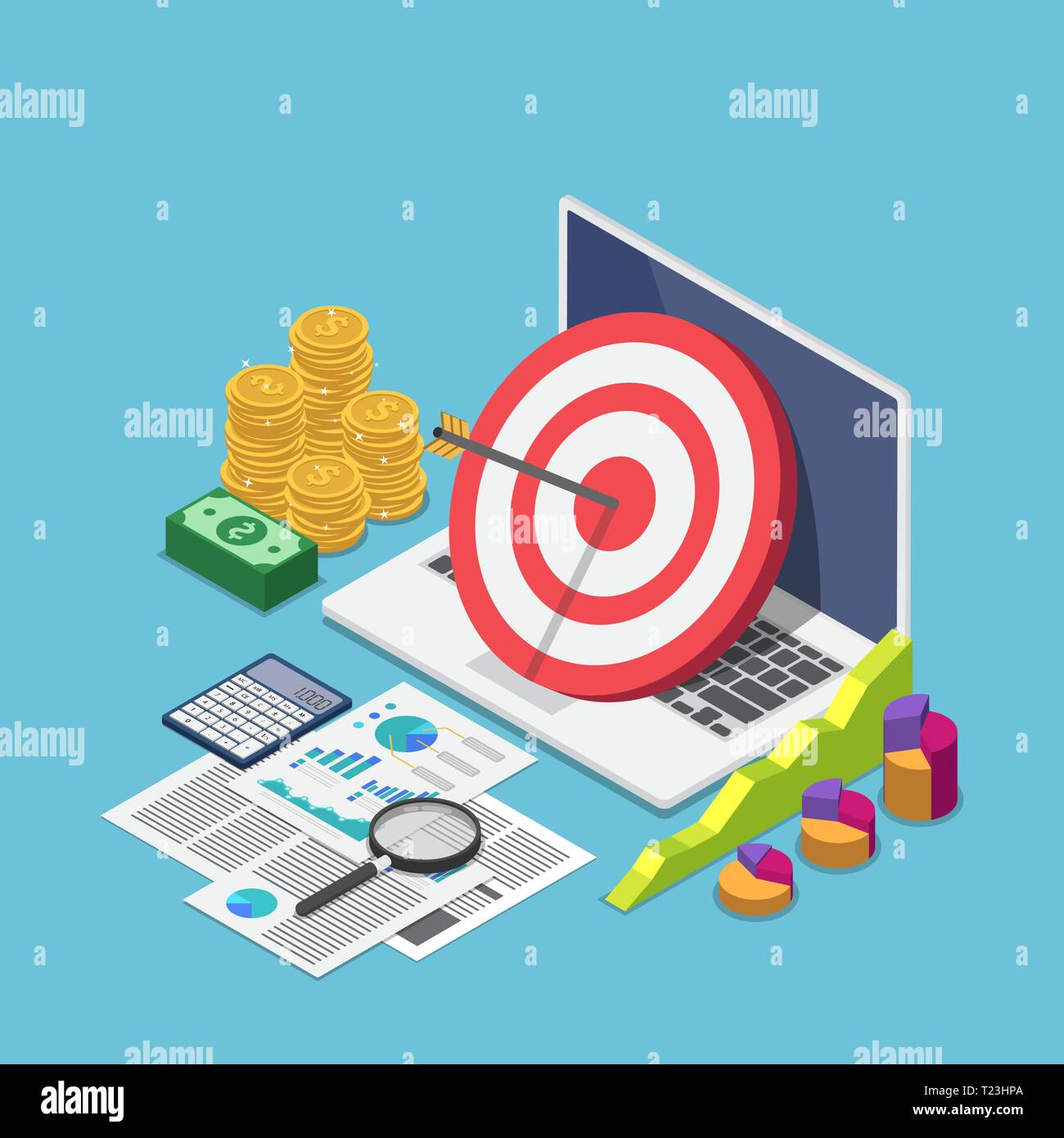 Flat 3d isometric target with arrow hit the center on laptop with ...