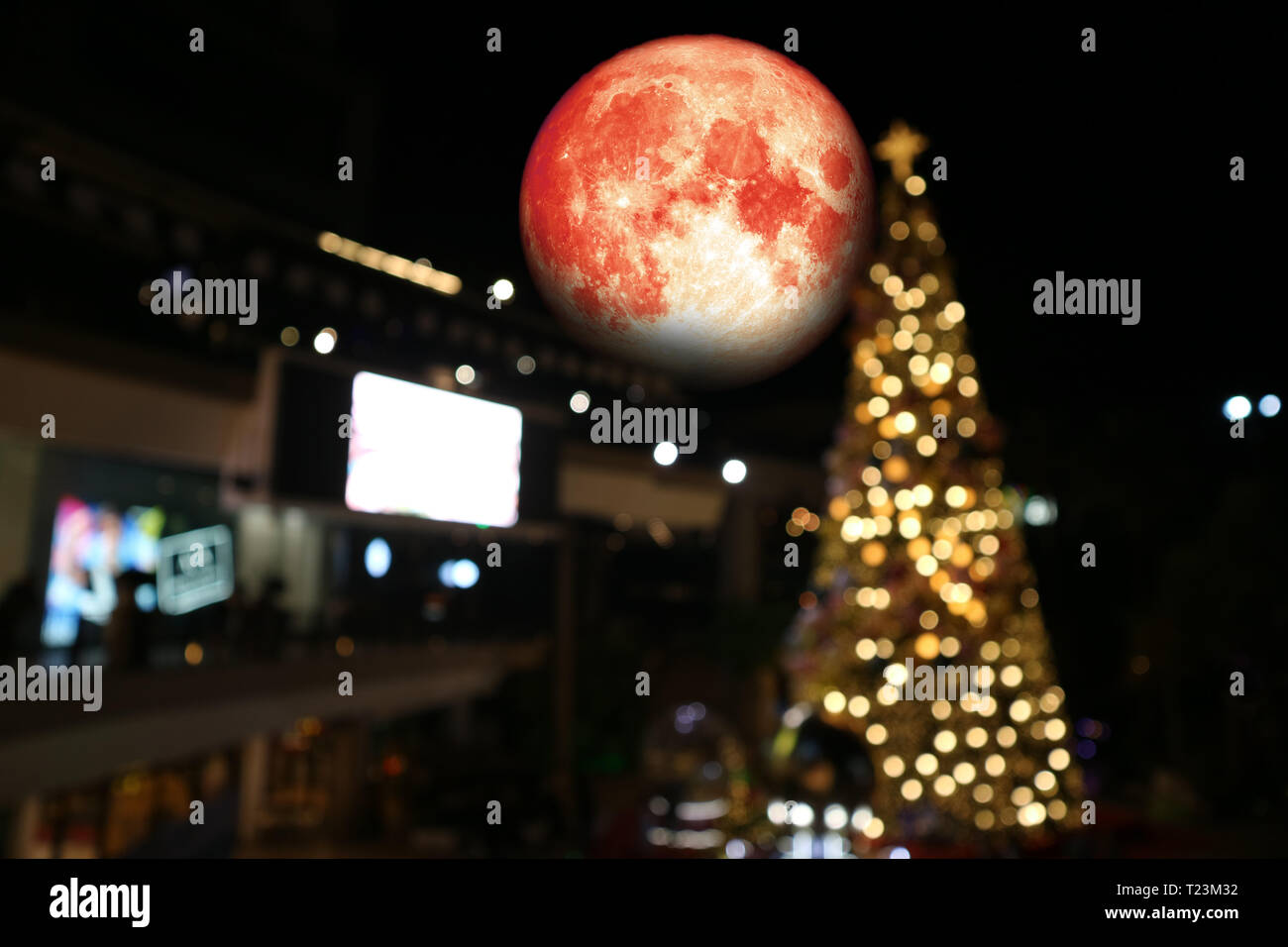 Christmas moon, Cold moon back over blur light christmas tree, Elements ...