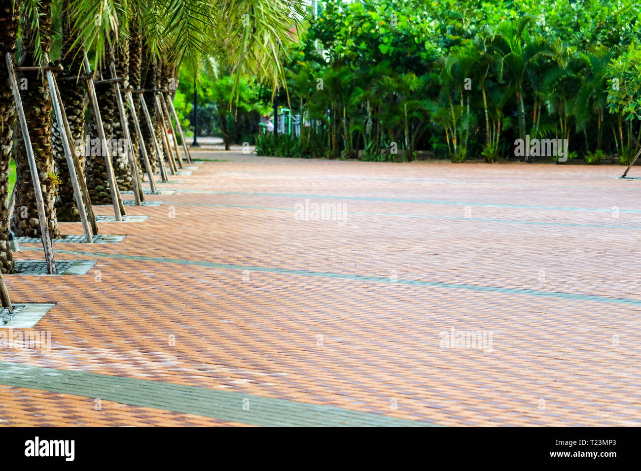 pattern of brick wall on paving floor near playground in public park ...