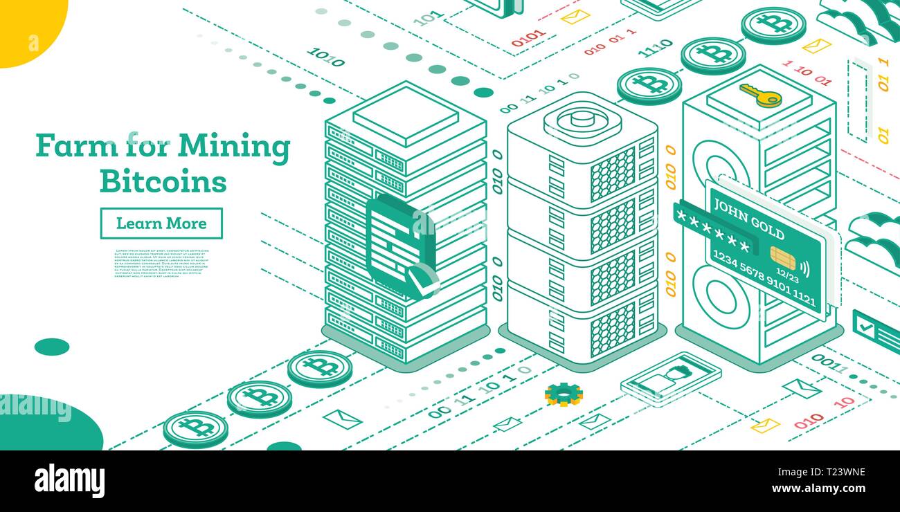 Isometric Farm for Mining Bitcoins. Vector Illustration. Cryptocurrency and Blockchain concept ...