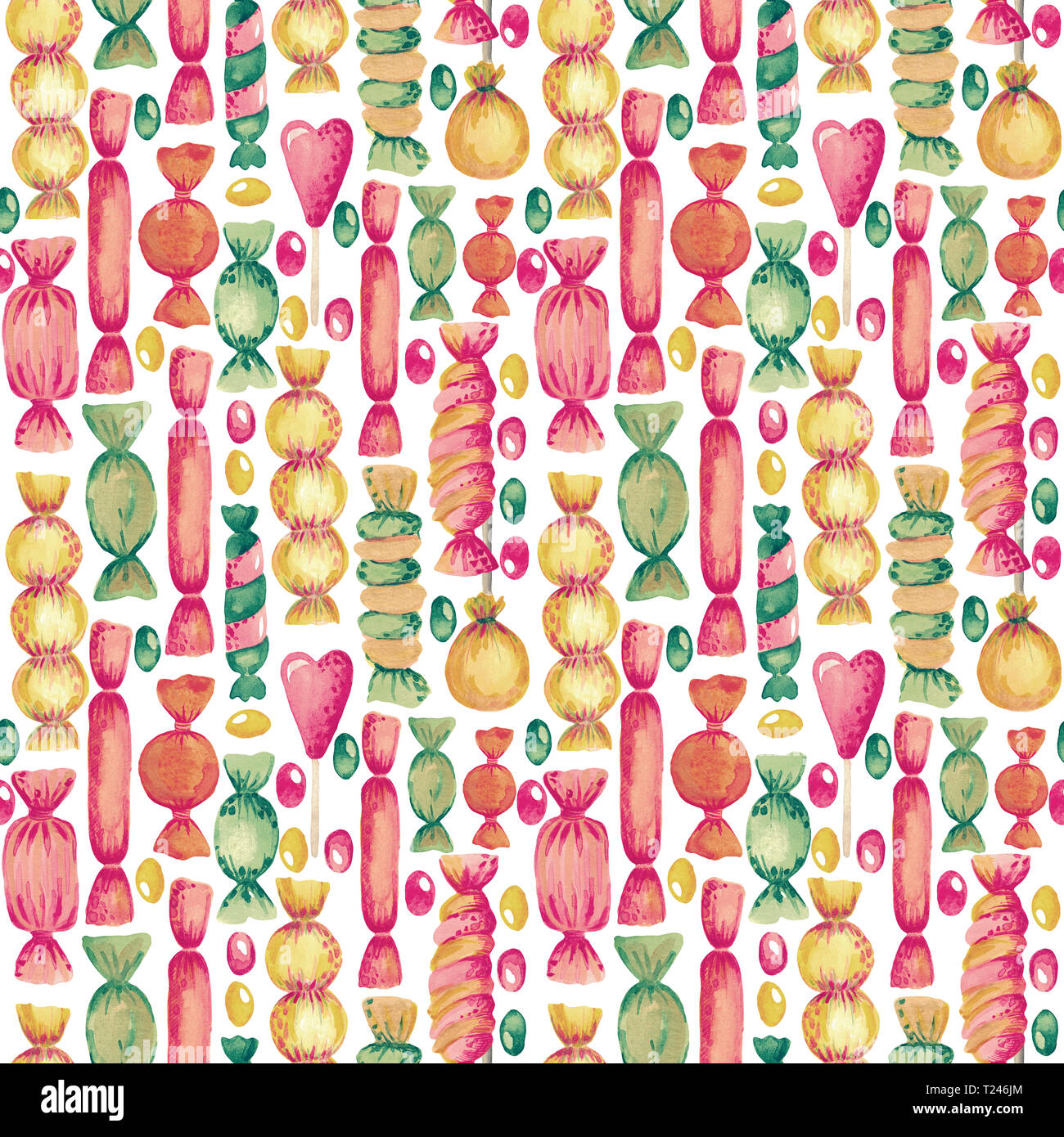 Seamless Watercolor pattern illustration of candy set. Bright colored ...
