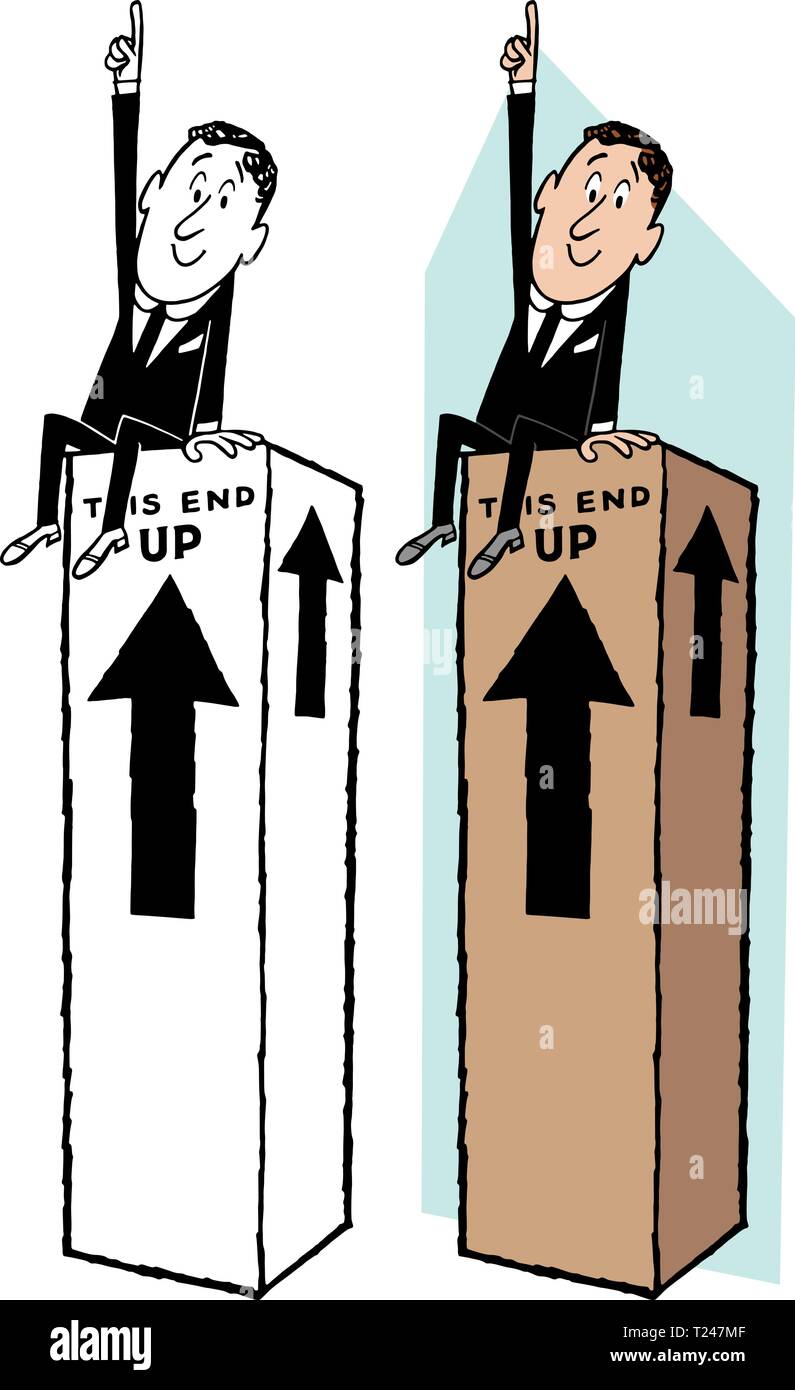 A man sitting on a tall box that reads This End Up Stock Vector Image ...