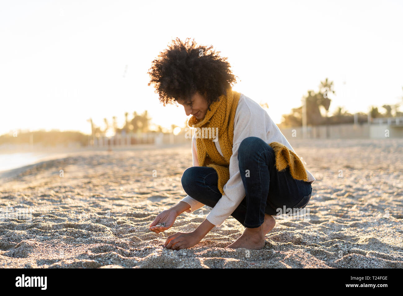 Woman collecting seashells on the beach Stock Photo - Alamy