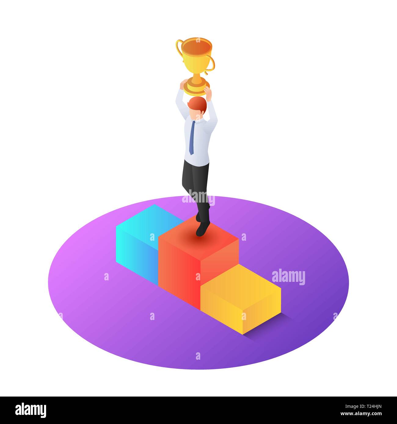 3d isometric businessman raise up winner trophy on pedestal. Business ...