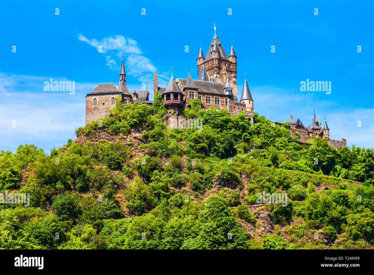 Reichsburg Castle aerial panoramic view in Cochem in Moselle valley ...