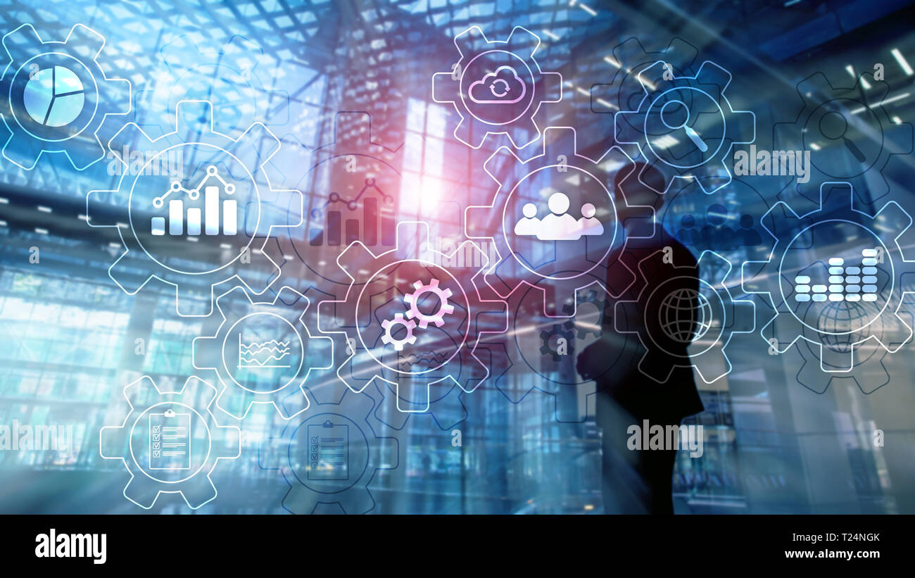 Business process abstract diagram with gears and icons. Workflow and ...