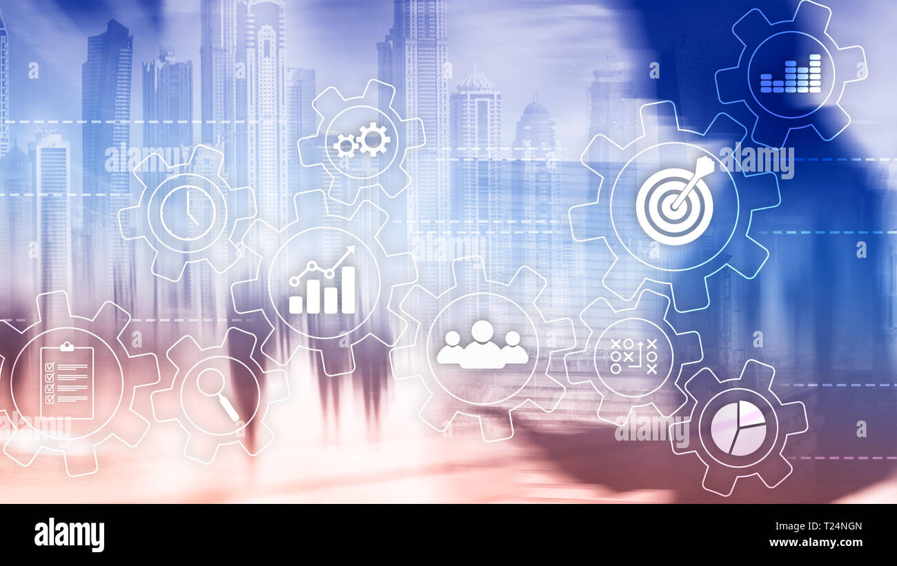 Business process automation concept. Gears and icons on abstract ...