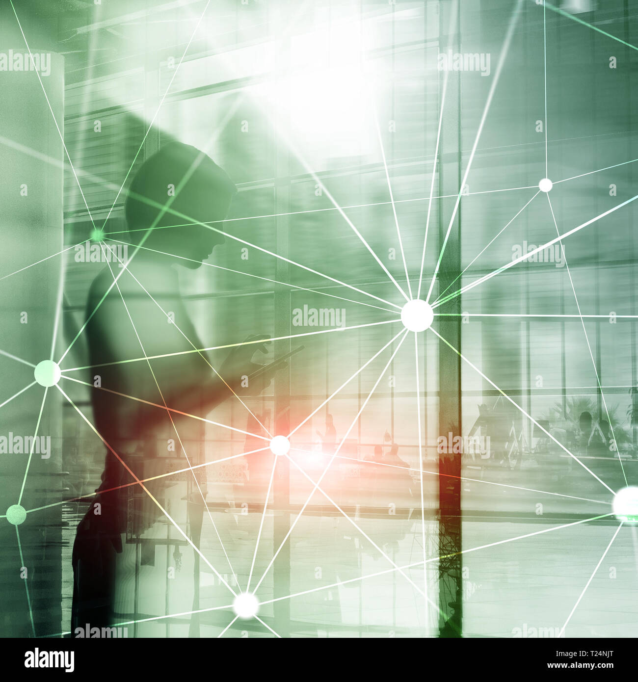 Blockchain network on blurred skyscrapers background. Financial ...