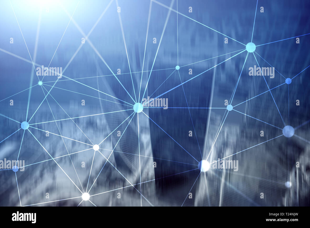 Blockchain network on blurred skyscrapers background. Financial ...
