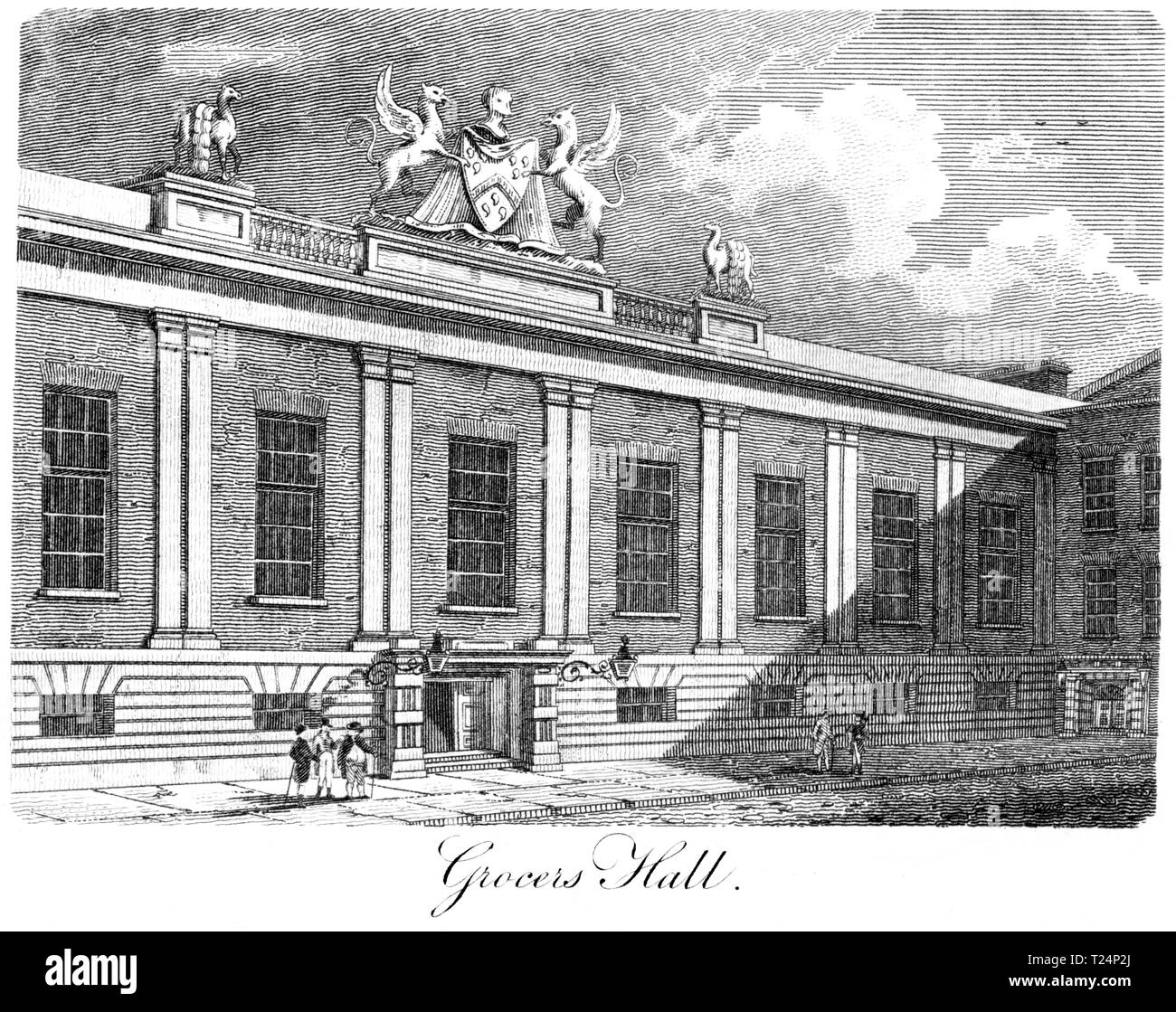 An engraving of Grocers Hall, London UK scanned at high resolution from ...