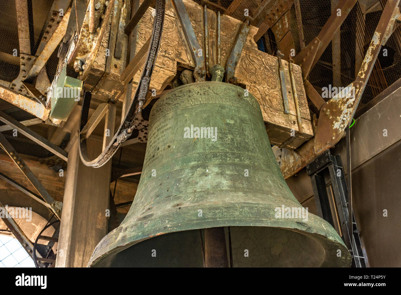 Italy, Venice, view and details of the bells of the bell tower of San ...
