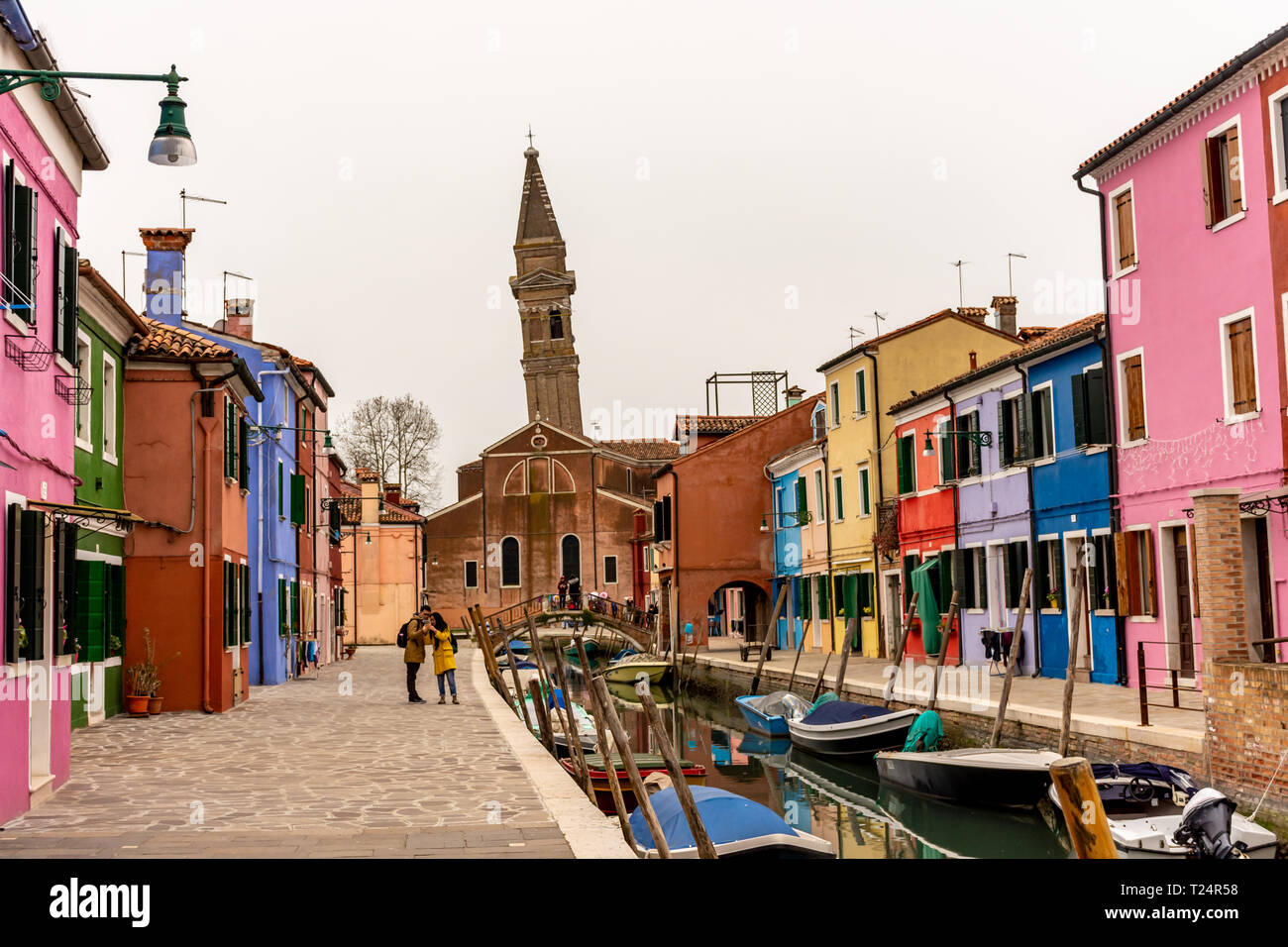 Italy, Venice, Burano, view and architectural details of the typical ...