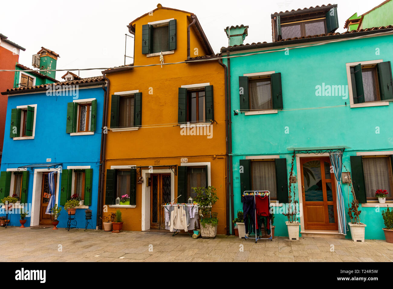 Italy, Venice, Burano, view and architectural details of the typical ...