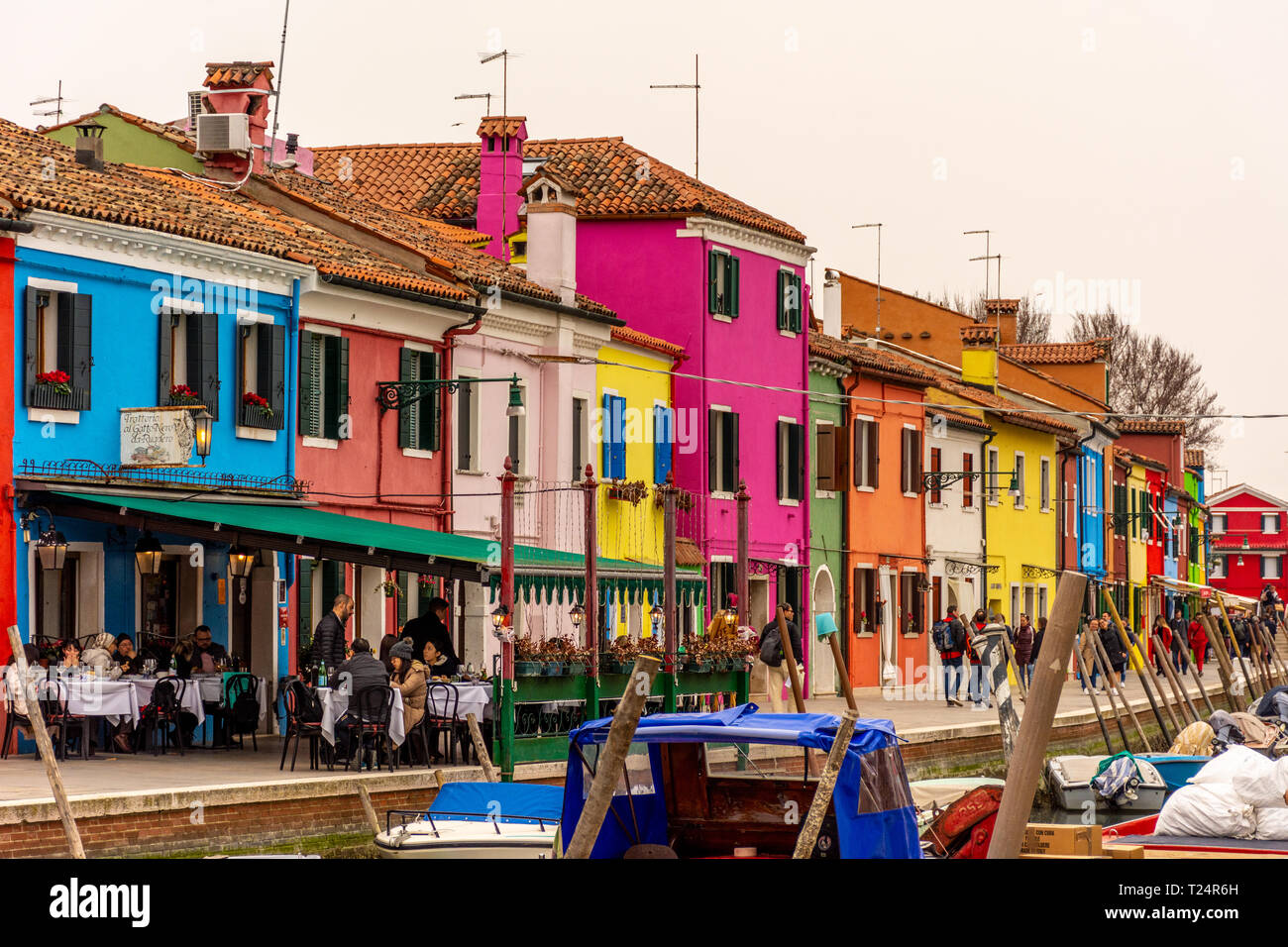 Italy, Venice, Burano, view and architectural details of the typical ...