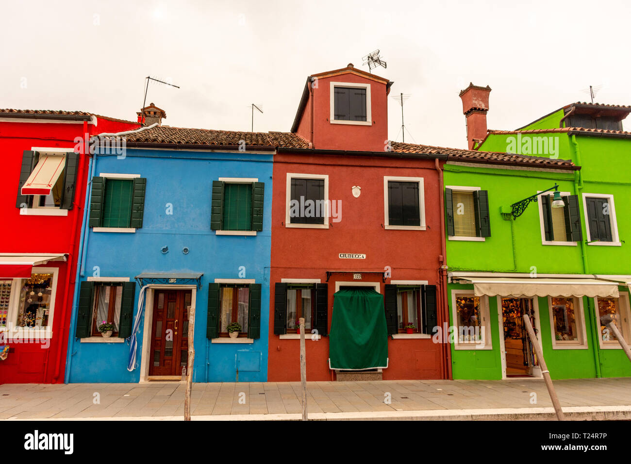 Italy, Venice, Burano, view and architectural details of the typical ...