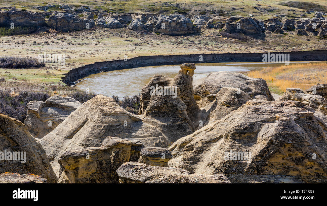 Milk River and surrounding valley with coulee rock formations Stock ...