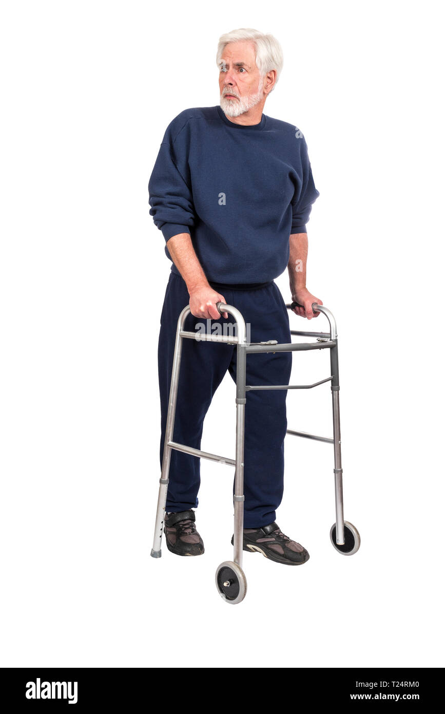 Vertical shot of an apprehensive old man with walker looking behind ...