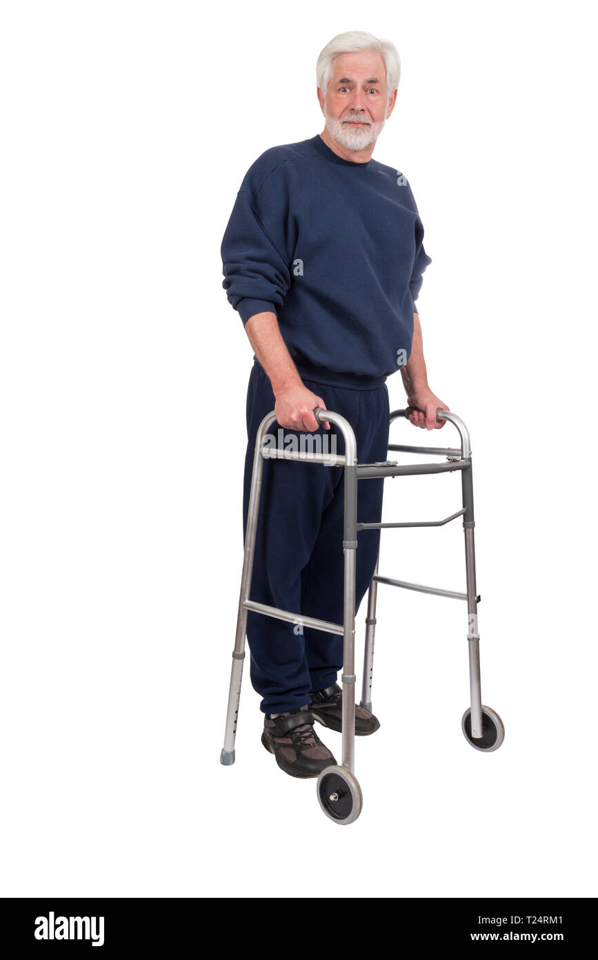 Vertical shot of a cheerful older man with walker. Isolated on white ...