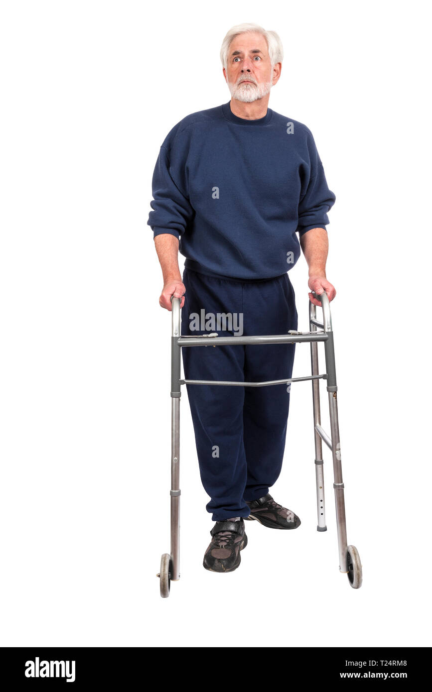 Vertical shot of an elderly man with his walker looking up and away ...