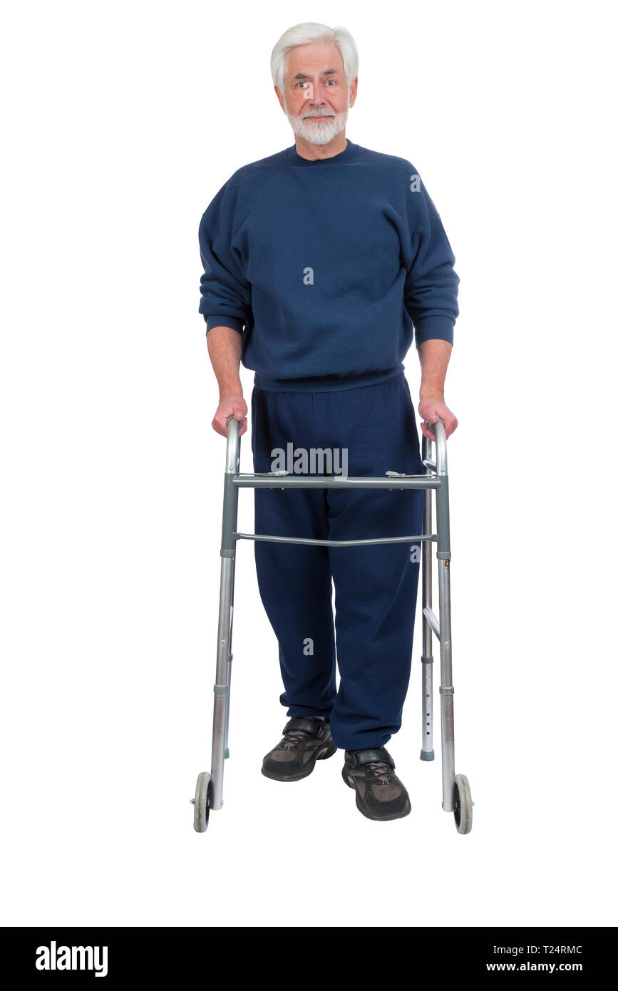 Vertical shot of a happy elderly man using his walker. Isolated on ...