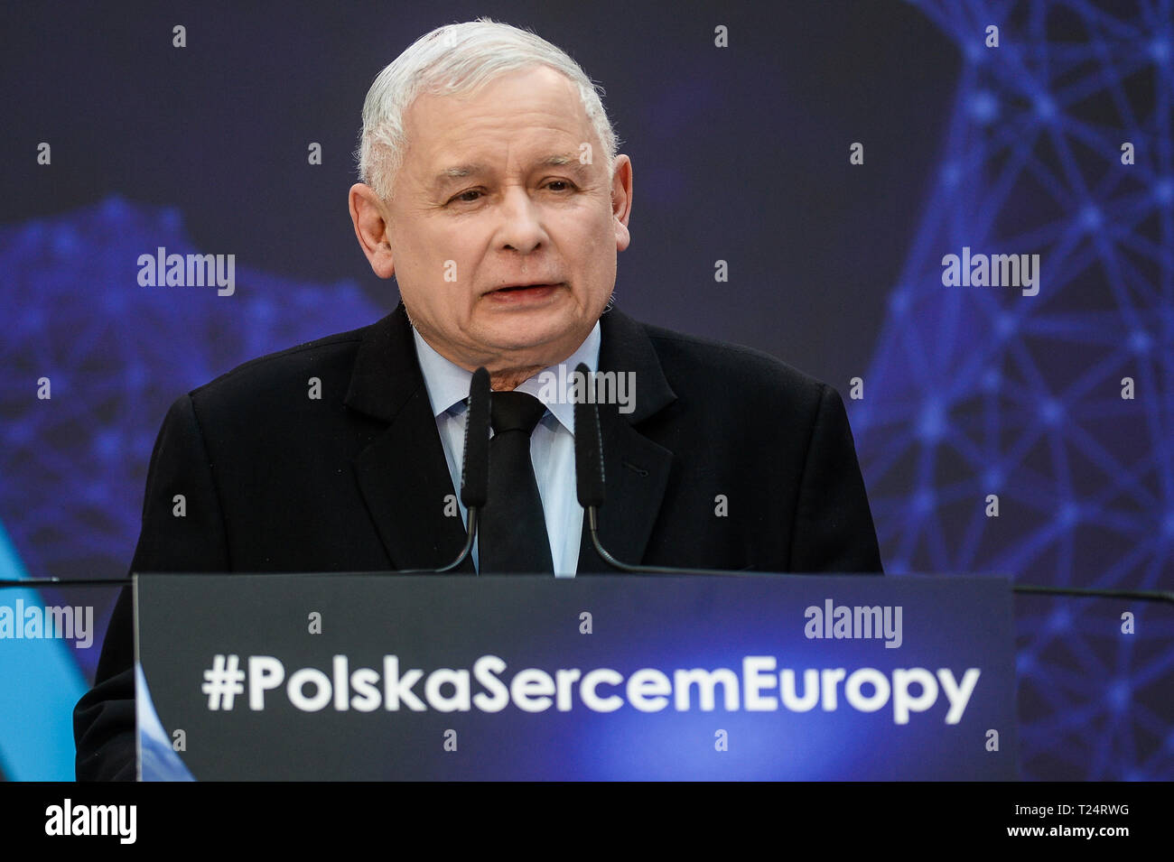 Jaroslaw Kaczynski seen speaking during the Law and Justice (Prawo i Sprawiedliwosc) convention ...