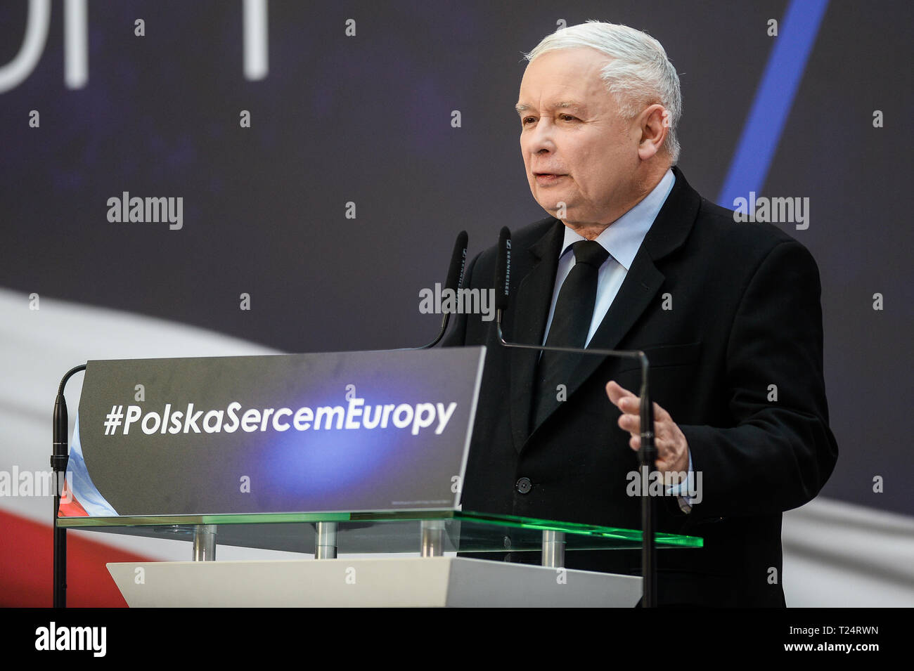 Jaroslaw Kaczynski seen speaking during the Law and Justice (Prawo i Sprawiedliwosc) convention ...