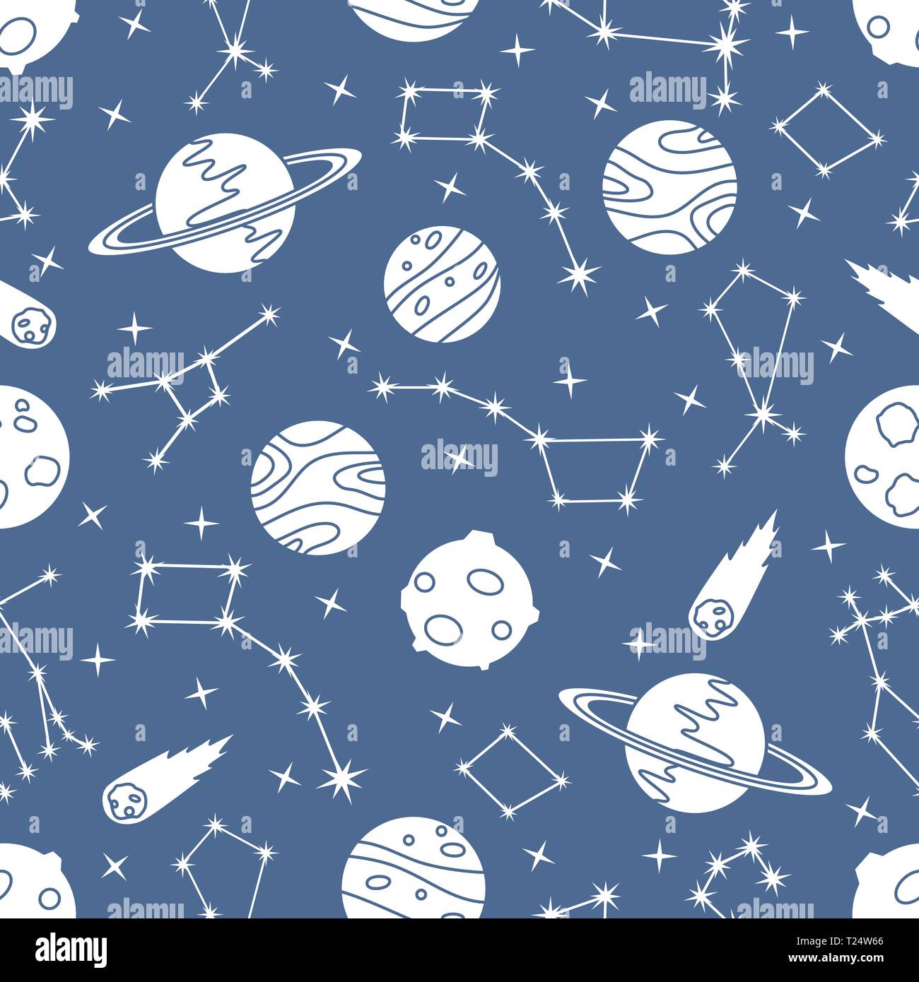 Seamless vector pattern with constellations, planets, Saturn, comet ...