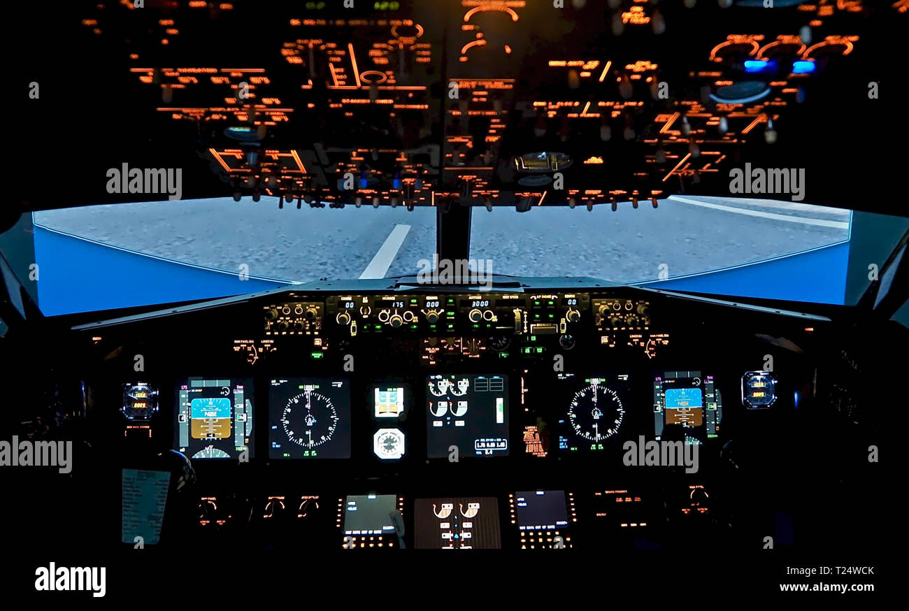 Cockpit of a Boeing 737 flight simulator in Moenchengladbach, Germany ...