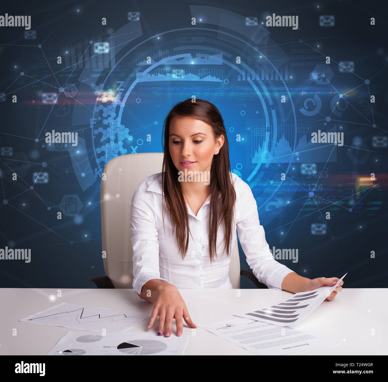 Manager in front of the office desk with connections and teamwork ...