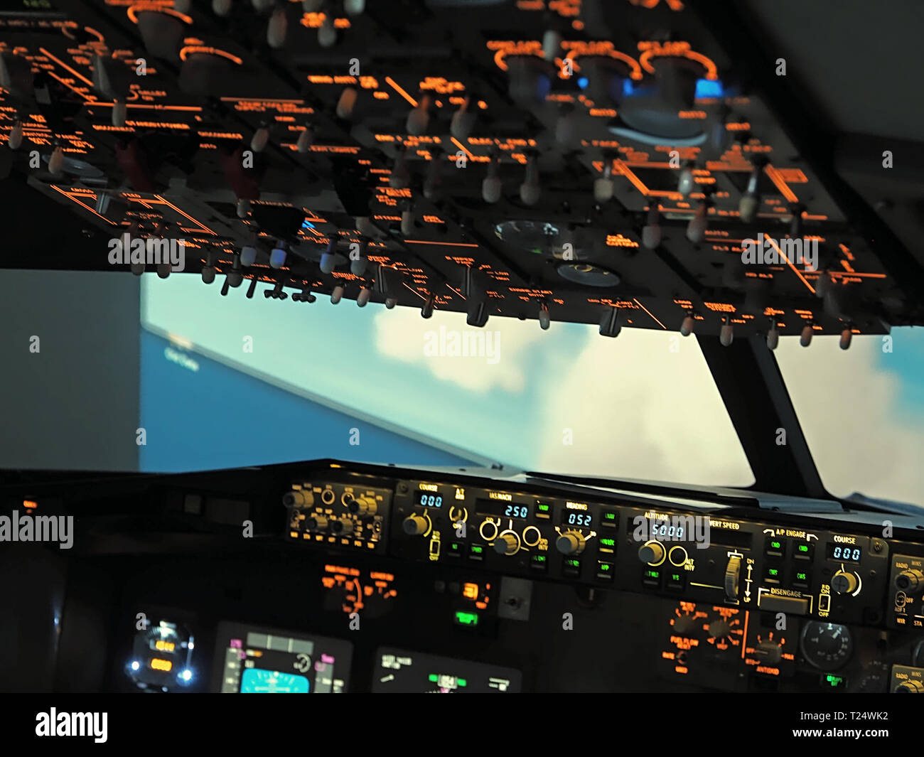 Cockpit of a Boeing 737 flight simulator in Moenchengladbach, Germany ...