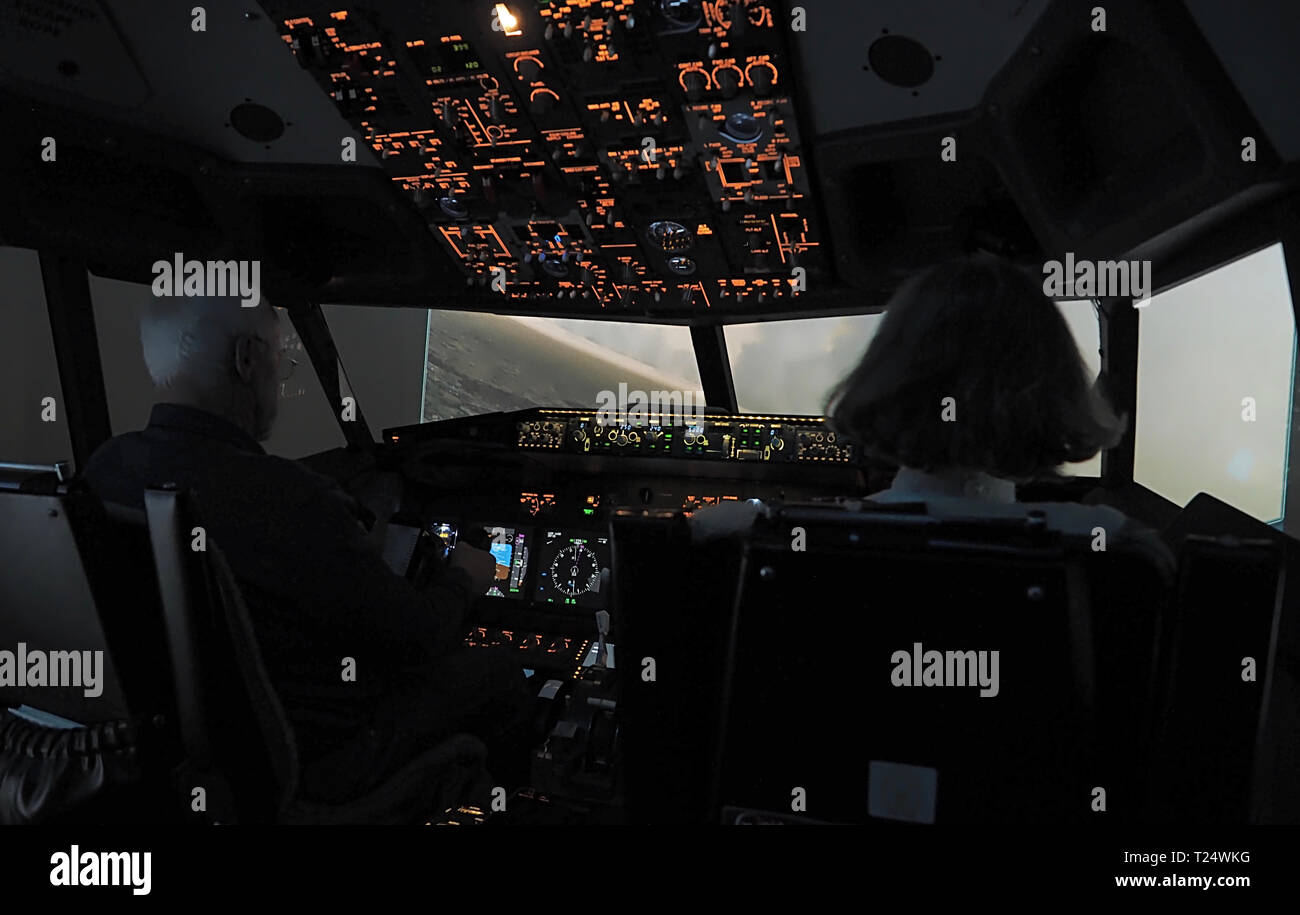 Cockpit of a Boeing 737 flight simulator in Moenchengladbach, Germany ...