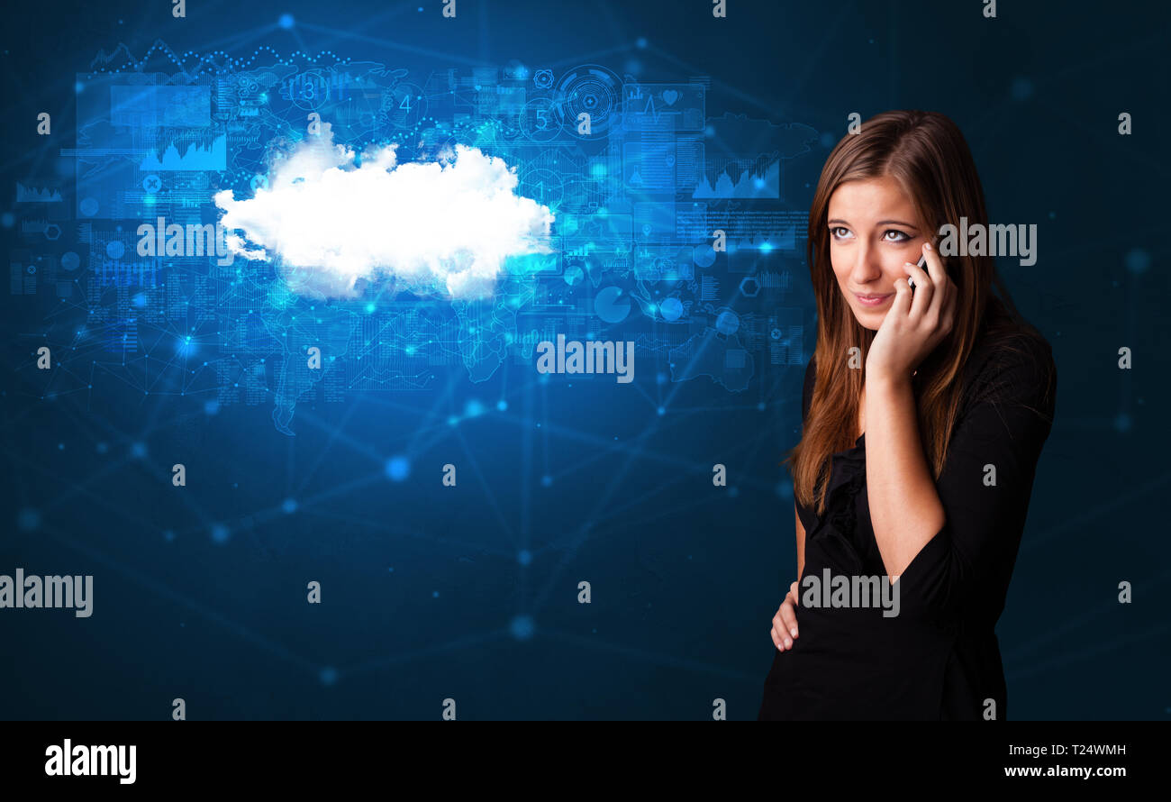 Person talking on the phone with blue cloud technology concept Stock ...