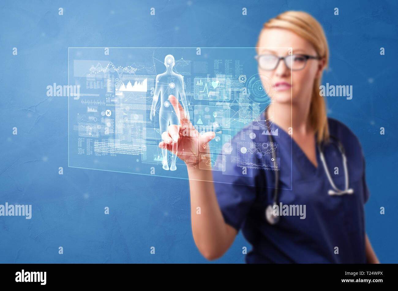 Doctor touching blue screen with full body analyze concept Stock Photo ...