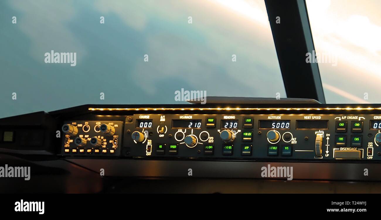 Cockpit of a Boeing 737 flight simulator in Moenchengladbach, Germany ...