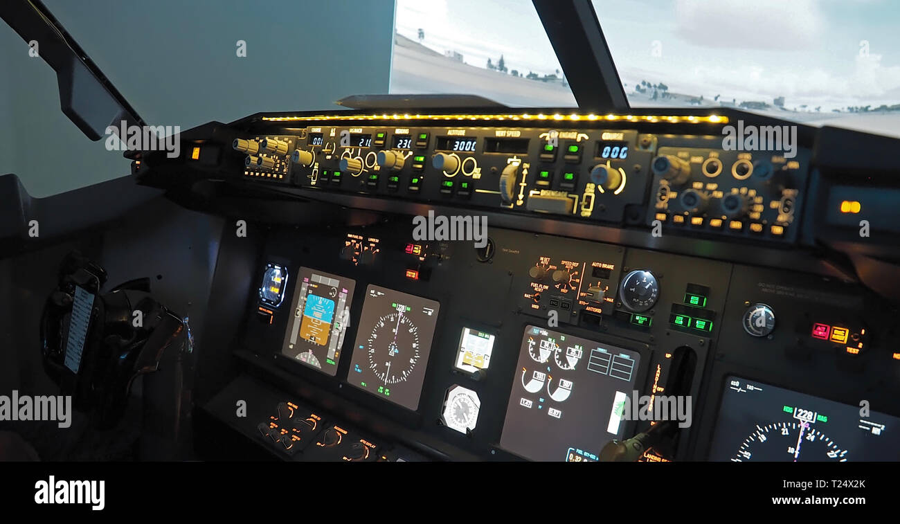 Cockpit of a Boeing 737 flight simulator in Moenchengladbach, Germany ...