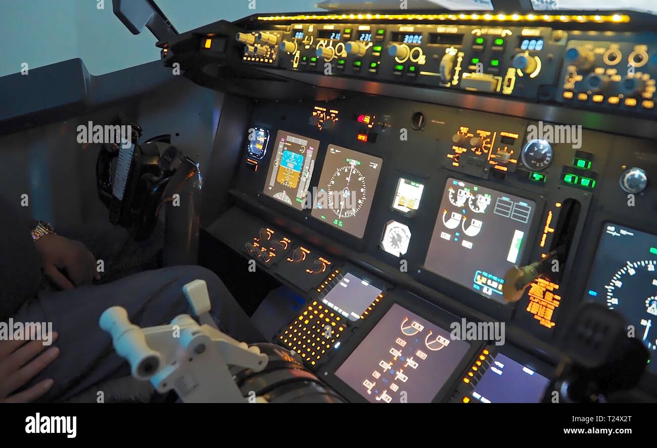 Cockpit of a Boeing 737 flight simulator in Moenchengladbach, Germany ...