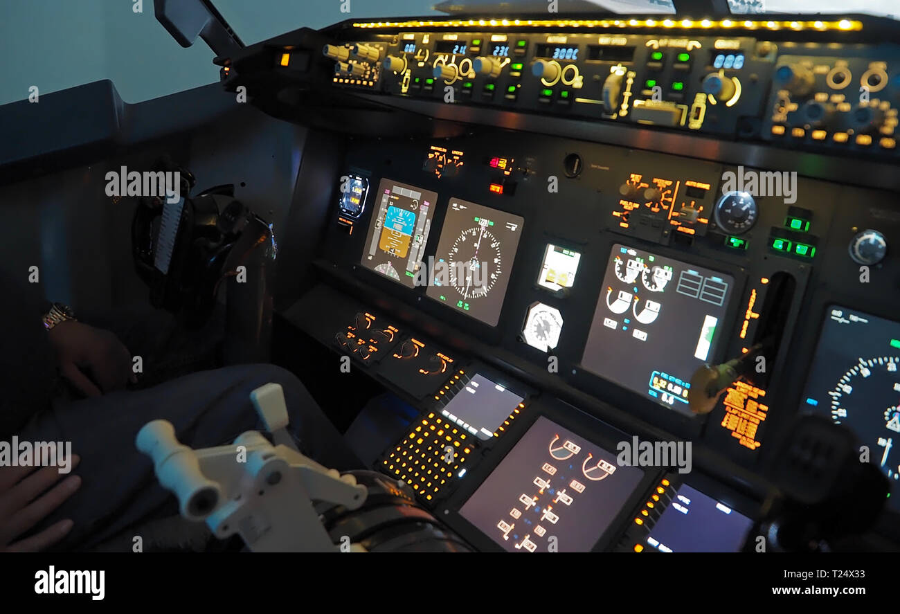 Cockpit of a Boeing 737 flight simulator in Moenchengladbach, Germany ...