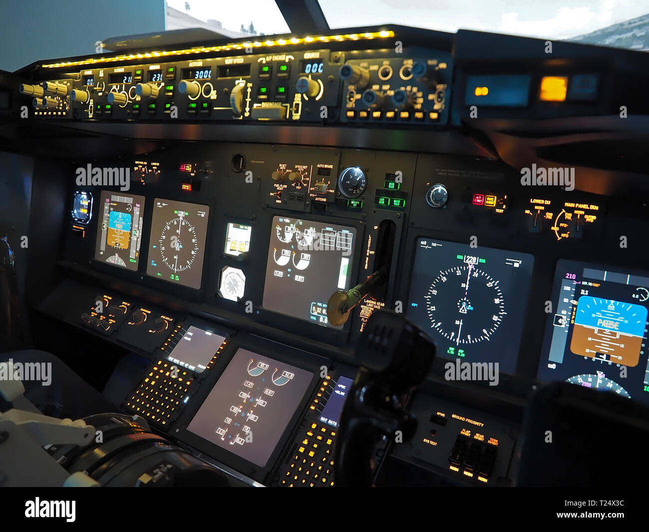 Cockpit of a Boeing 737 flight simulator in Moenchengladbach, Germany ...