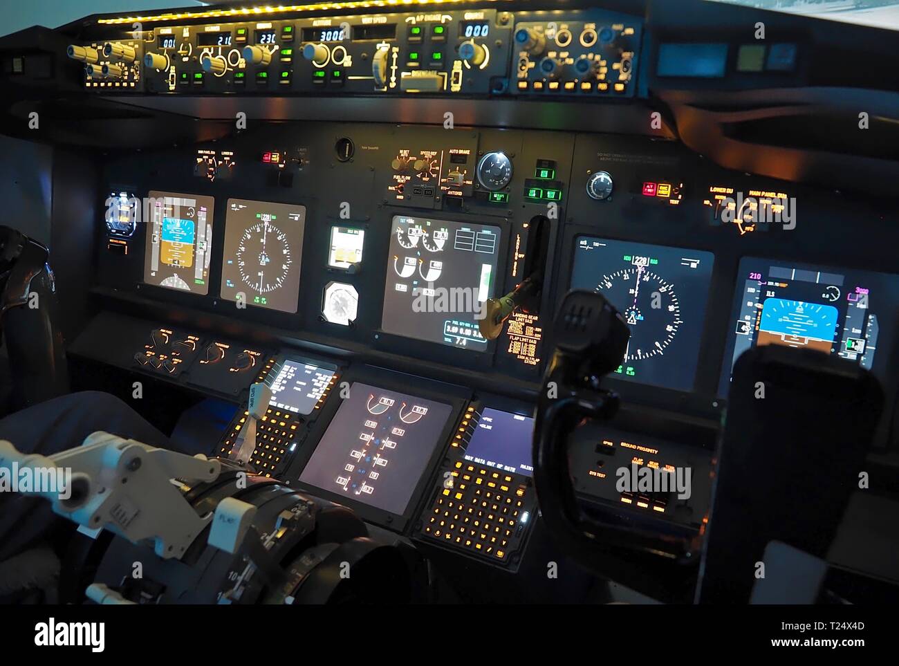Cockpit of a Boeing 737 flight simulator in Moenchengladbach, Germany ...