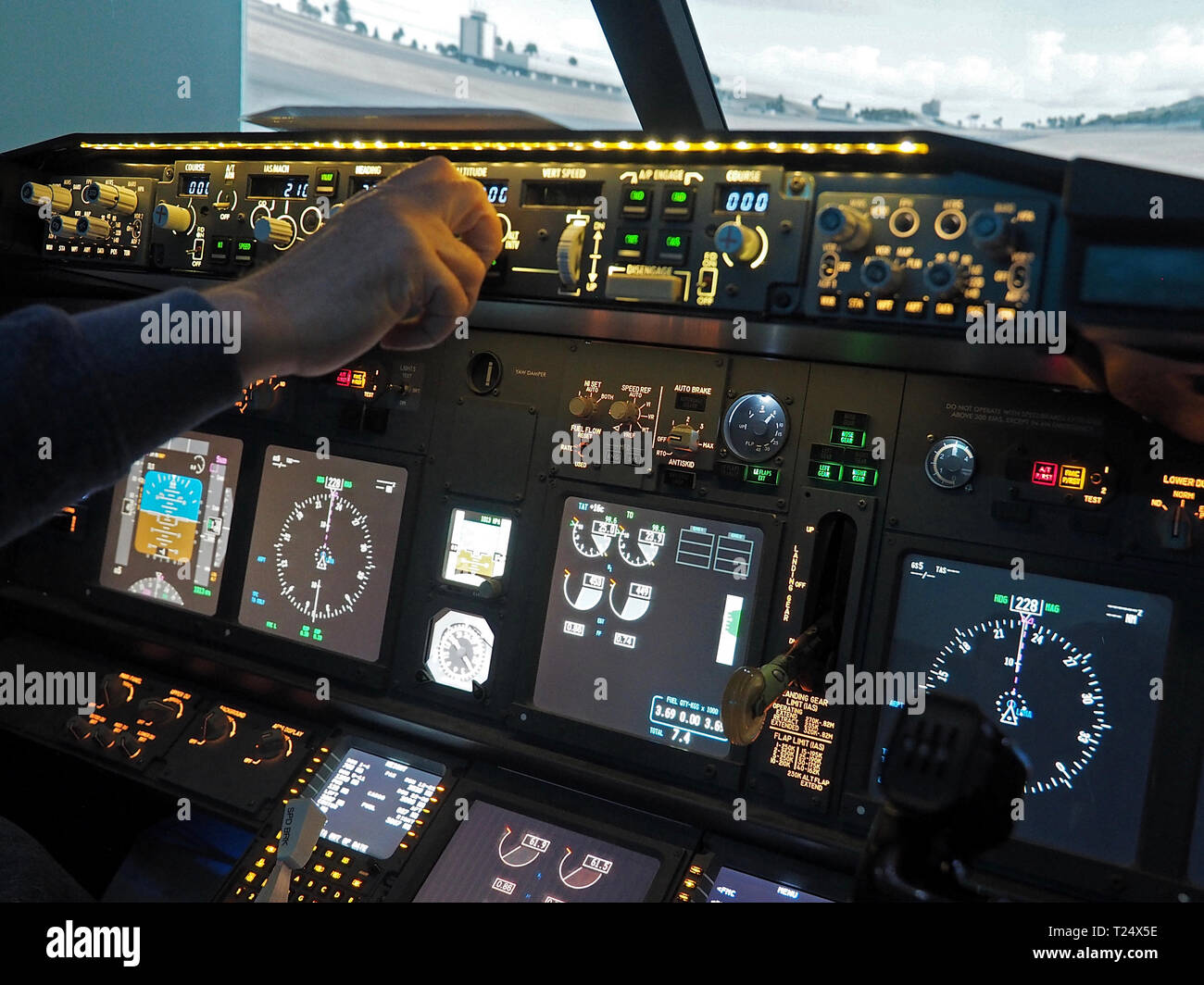 Cockpit of a Boeing 737 flight simulator in Moenchengladbach, Germany ...
