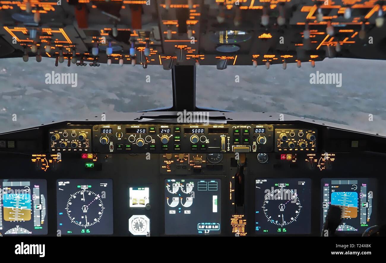 Cockpit of a Boeing 737 flight simulator in Moenchengladbach, Germany ...