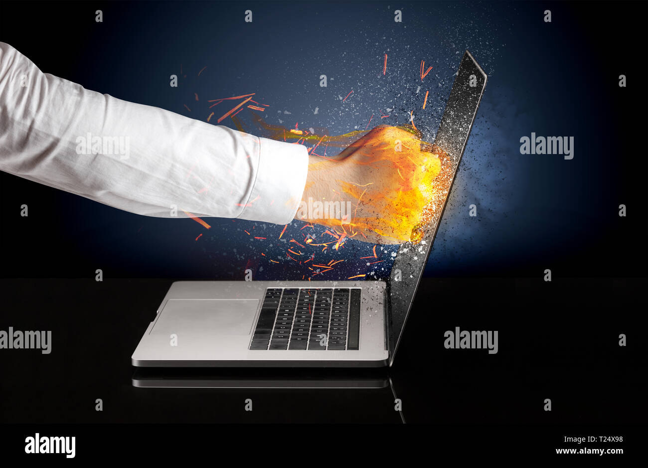 Arm hitting strongly laptop screen which breaks in little pieces Stock ...