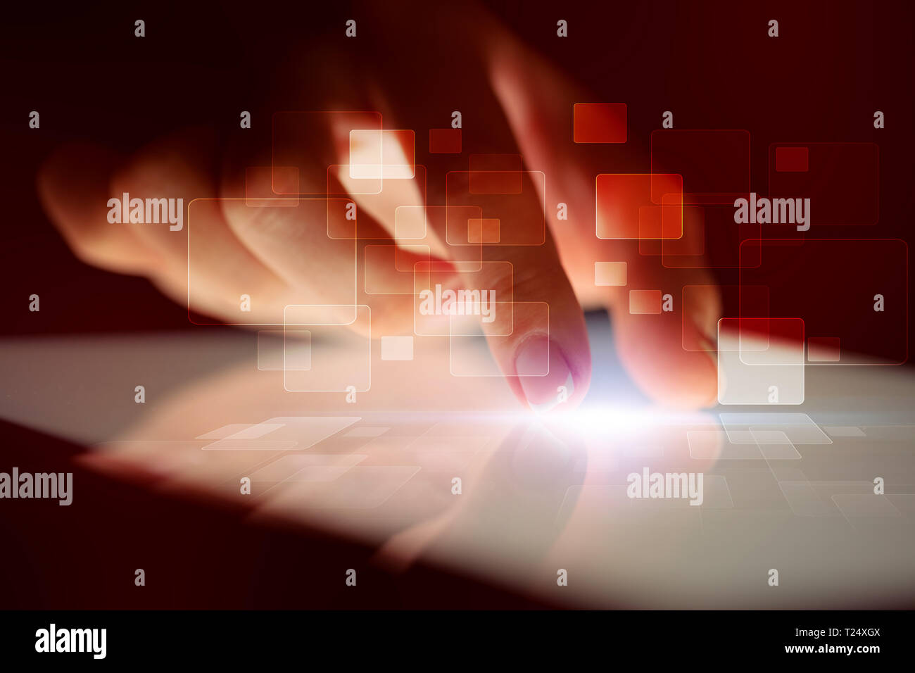 Finger touching tablet with identification concept and dark background ...