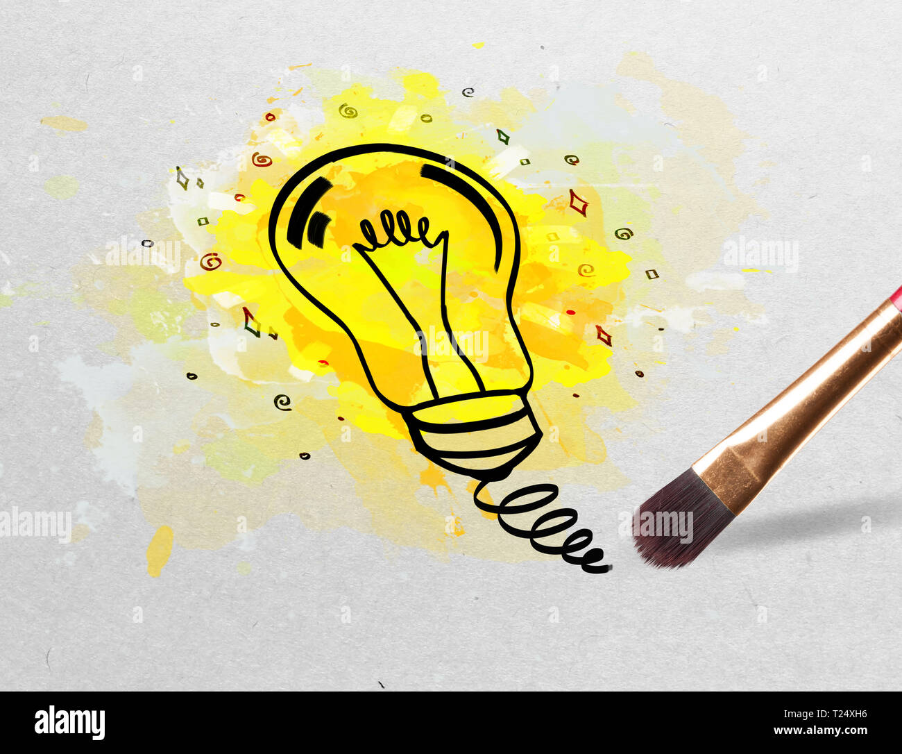 Drawing colorful bulb and multimedia symbols on white paper Stock Photo ...