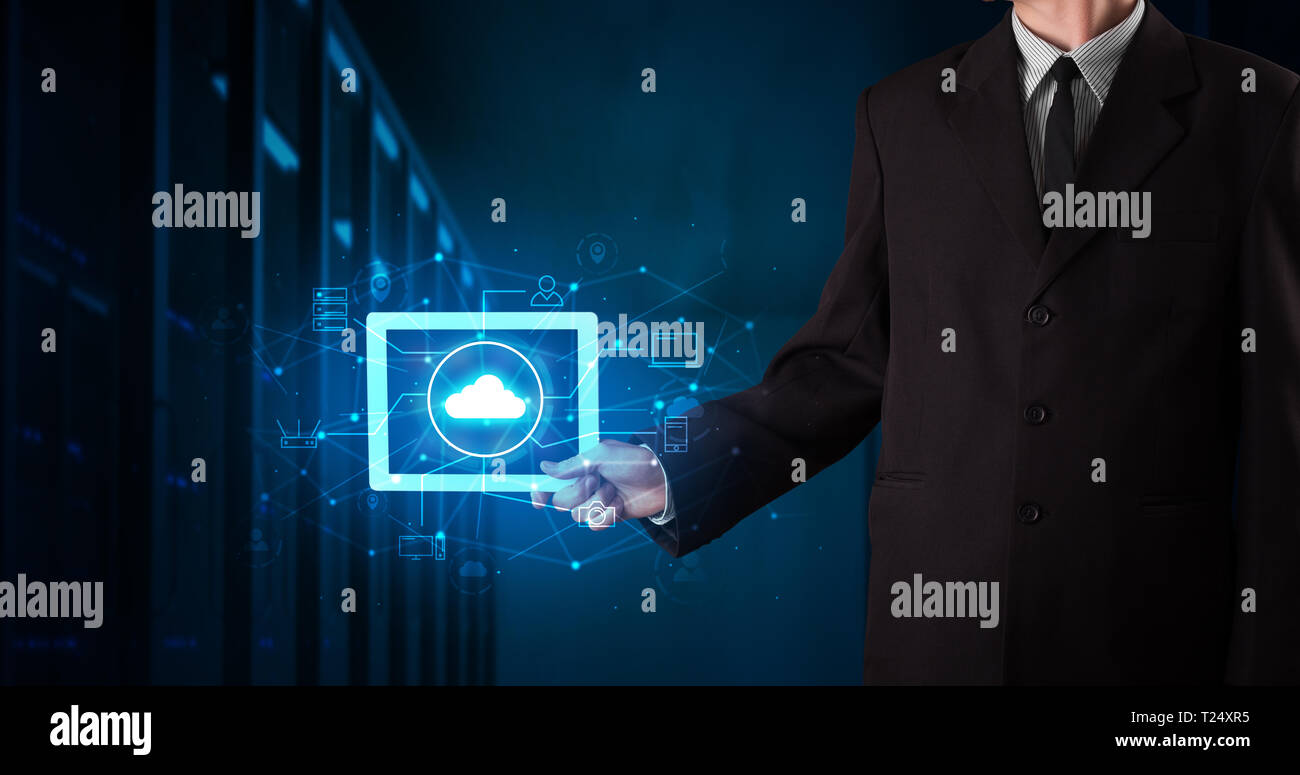 Formal hand in server room with virtual workspace concept Stock Photo ...